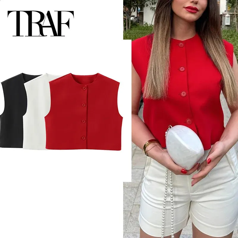 Women's Red Sleeveless Button Vest - Casual Cropped Summer Waistcoat ...