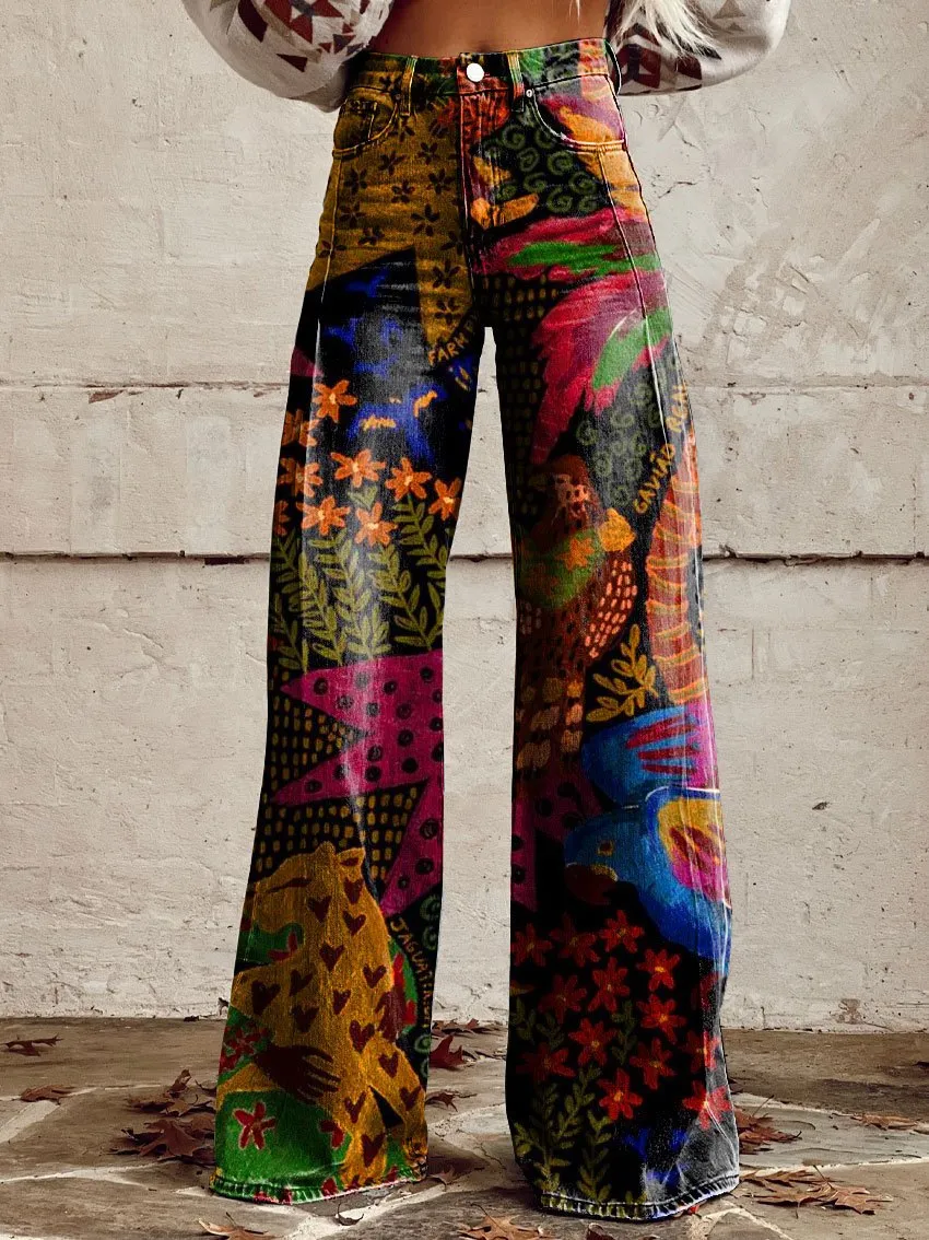 Plus Size Wide Leg Printed Pants With Low Waist Design – Casual ...