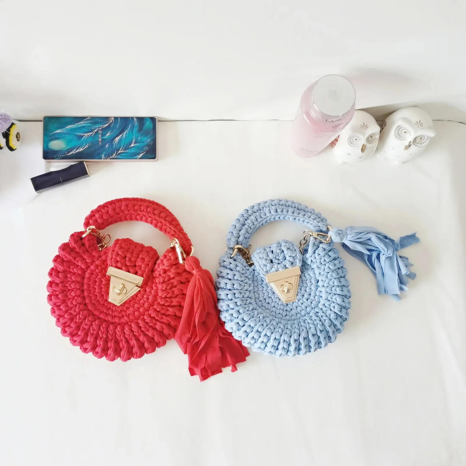 Womens Solid Color Fabric Crochet Bag Selg Circular Tassel Shoulder ...