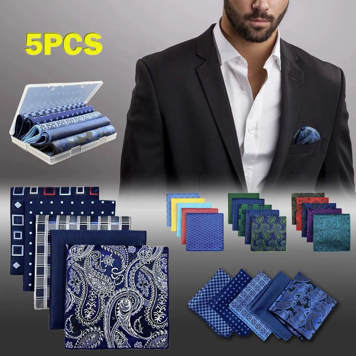 Premium 5-Piece Silk-Feel Pocket Square Set - Classic Designs, Assorted ...