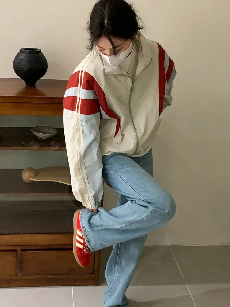 Retro Y2K Striped Bomber Jacket: Women's Large Zipper Windproof - Shop ...