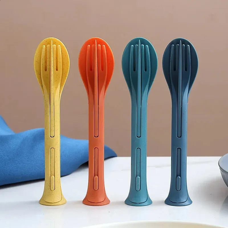 Portable cutlery set 3-in-1 travel reusable Japanese style wheat straw ...