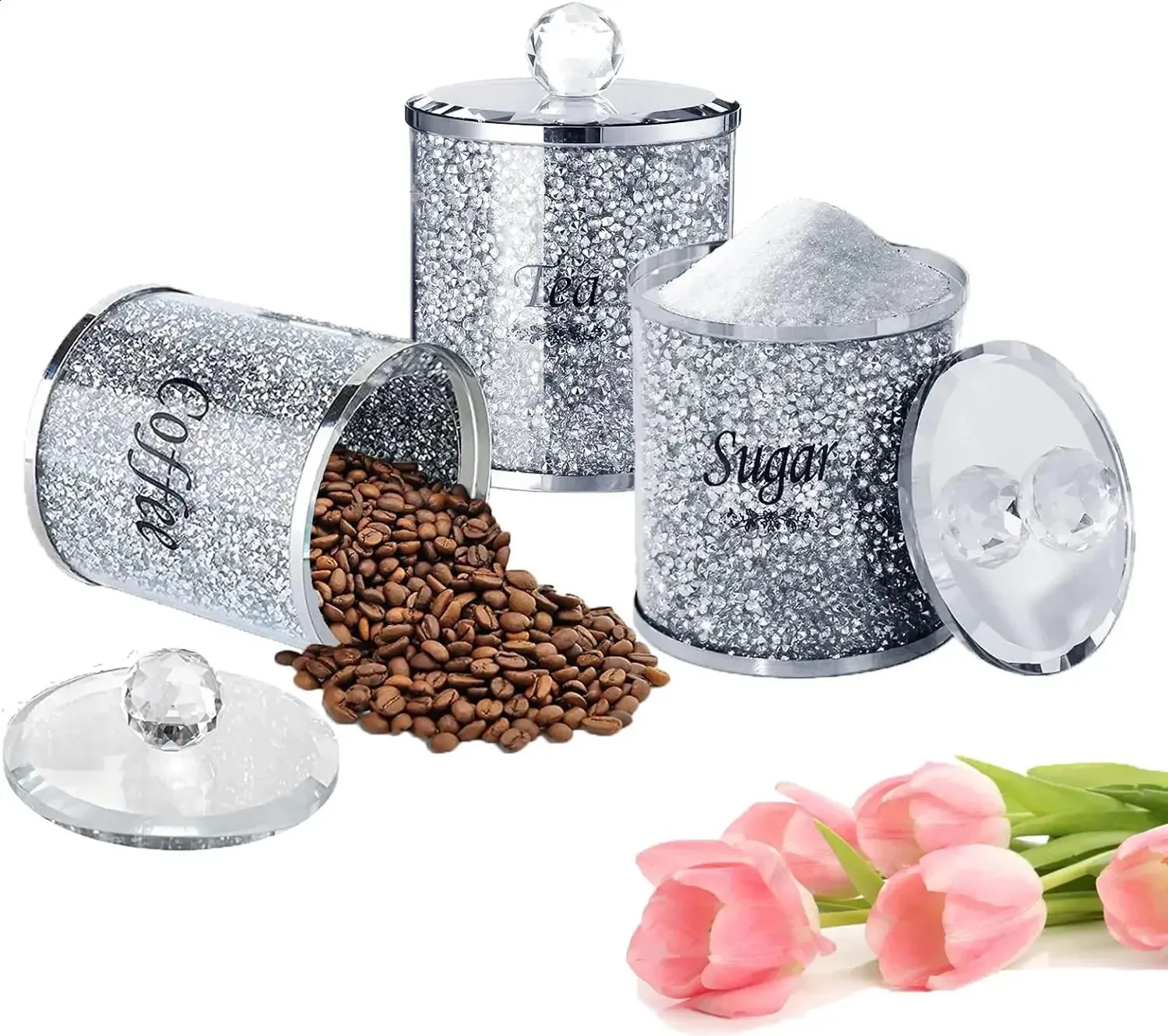 Premium Crystal Glass Kitchen Storage Set - Coffee, Sugar & Tea Jars ...