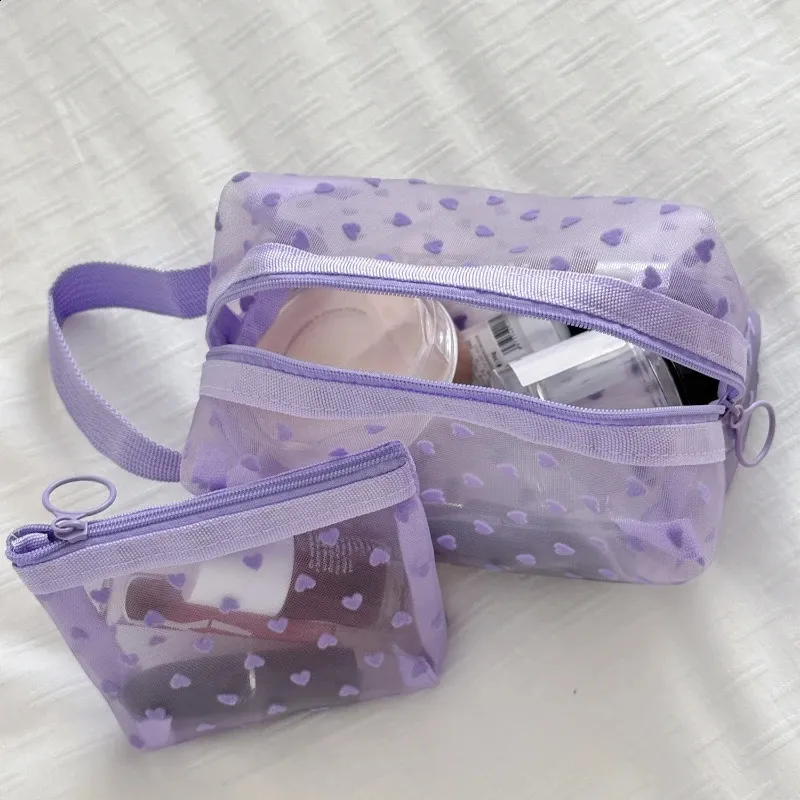 Purple Heart Mesh Cosmetic Bag: Transparent Travel Makeup Organizer ...