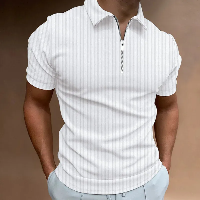 Summer Zipper Stripe POLO Shirt High Quality Mens Clothing Casual ...
