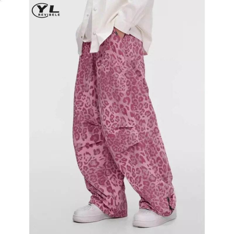 Pink leopard print sports pants with button fly closure for men and ...
