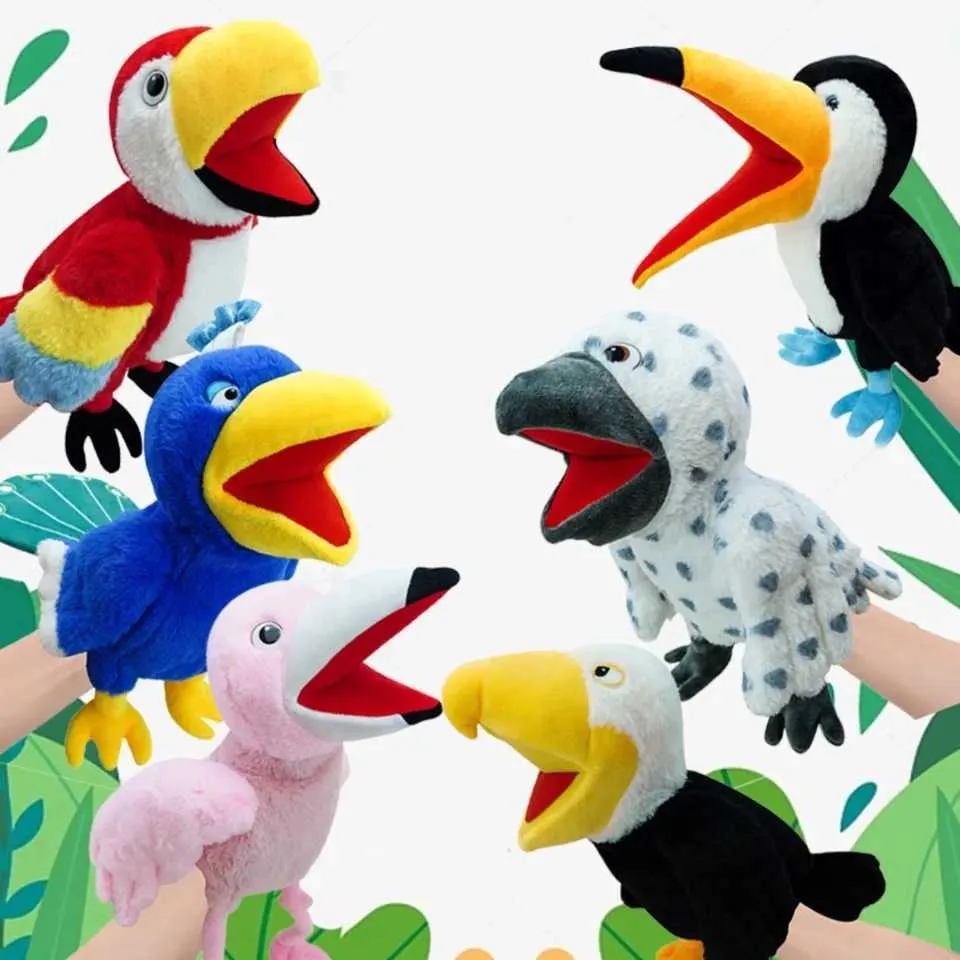Plush Bird Hand Puppets - 35cm Parrot, Peacock, Owl, Flamingo - Parent ...