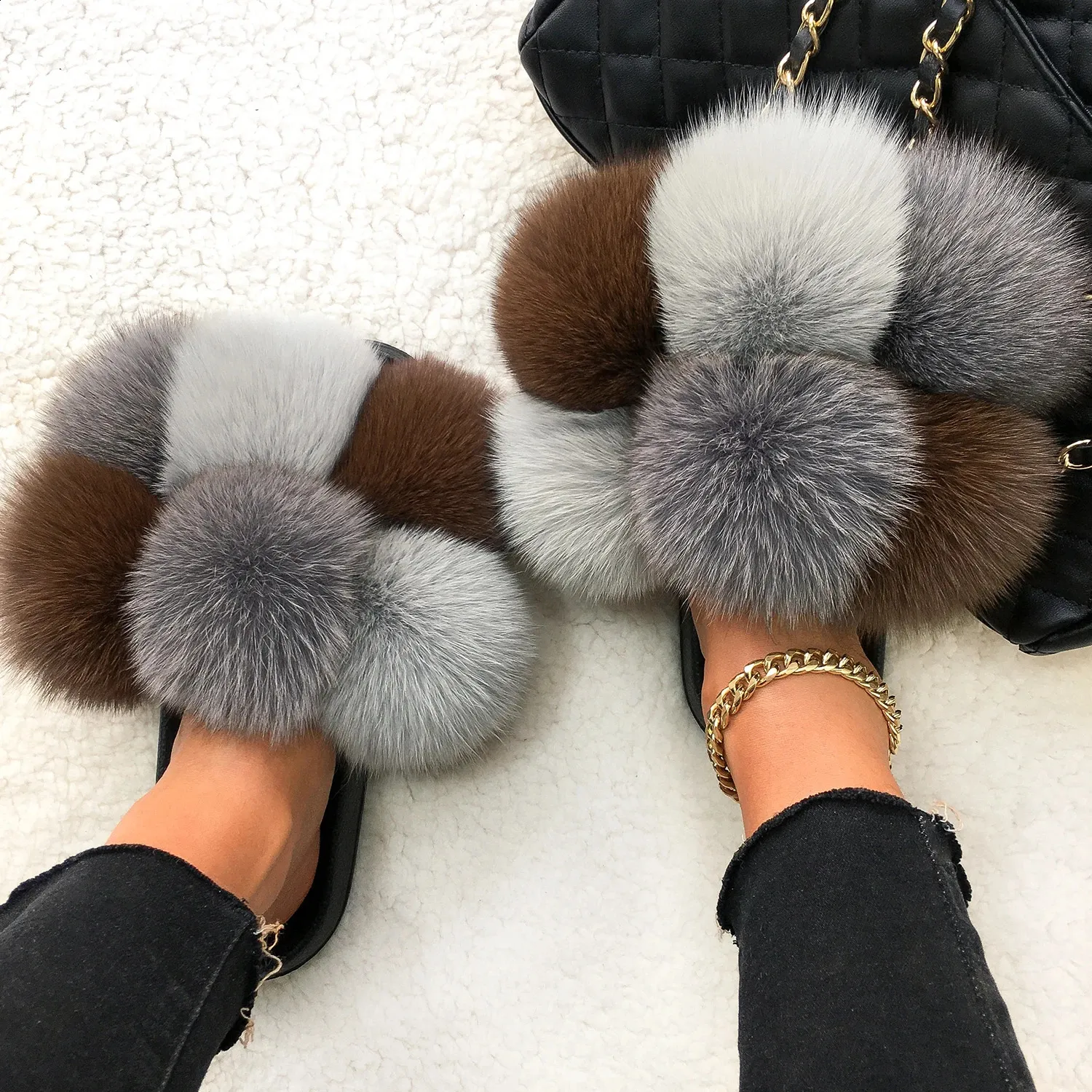 Fluffy Fur Slider Slippers - Women's Plush Faux Fur Sandals for Beach ...