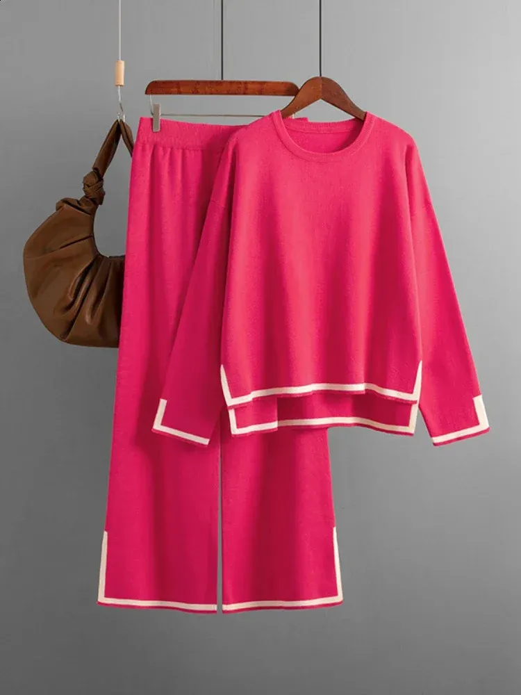 Elegant Two Piece Sweater Pants Set for Women - High Waisted Wide-Leg ...