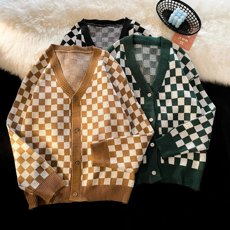 Checkered Cardigan Mens Vintage Harajuku Plaid Knit From Hu01 12