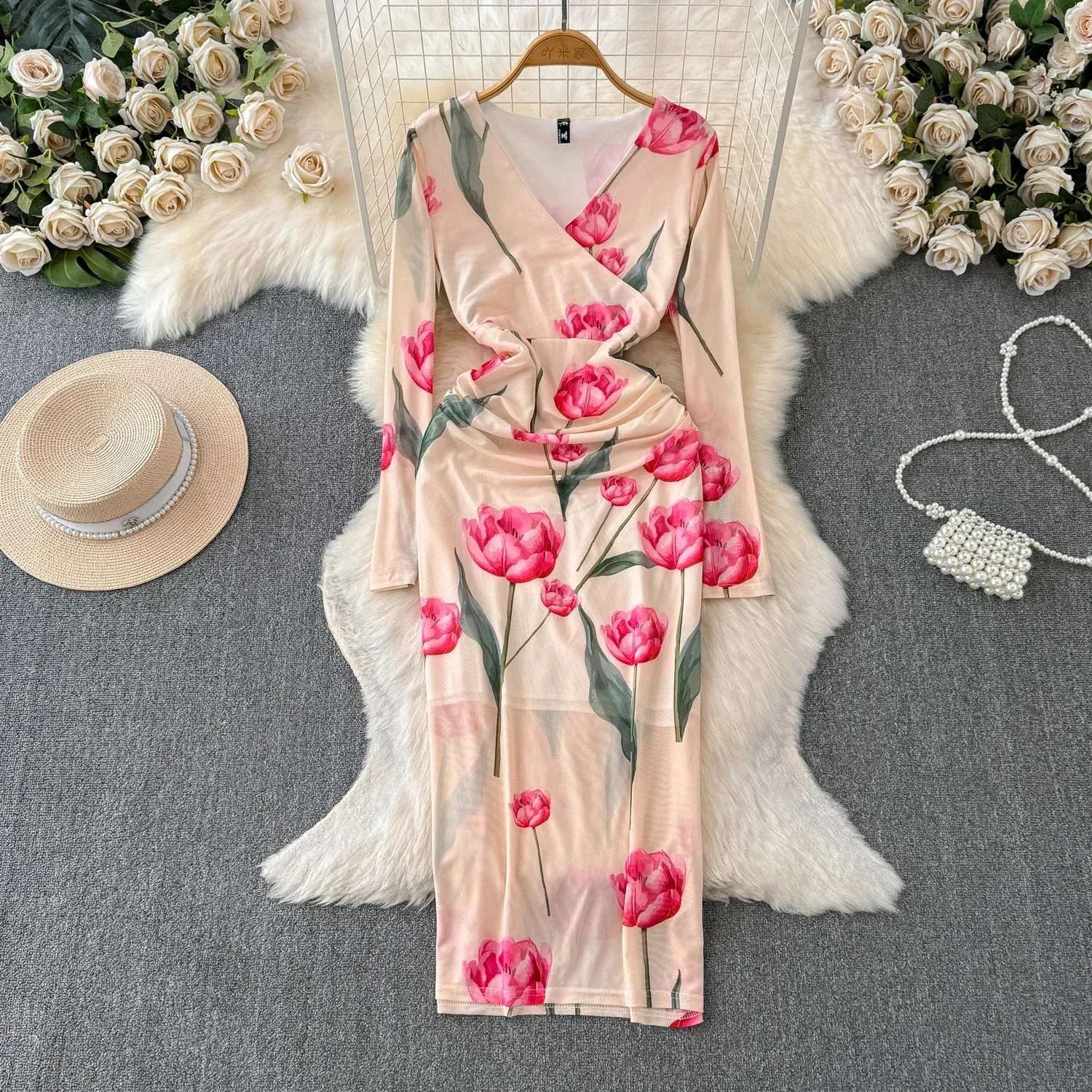 Summer Women's Printed Maxi Ultra Thin Long Skirt V-Neck Full Sleeve ...