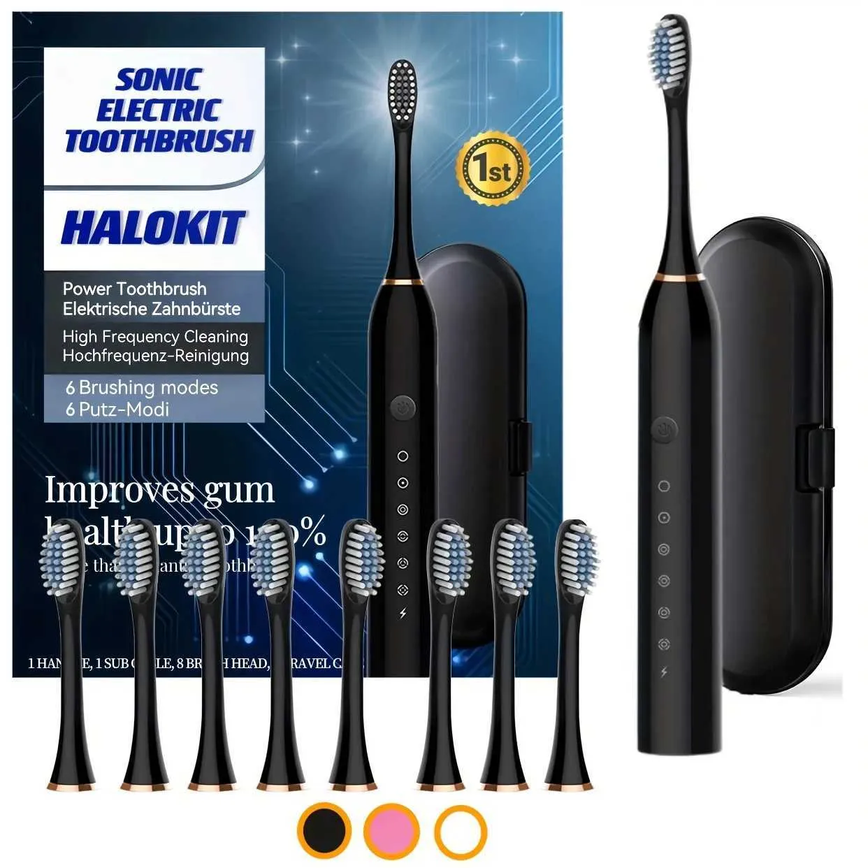 Sonic Toothbrush with 8 Heads & Travel Case: USB Rechargeable, 6 Modes ...