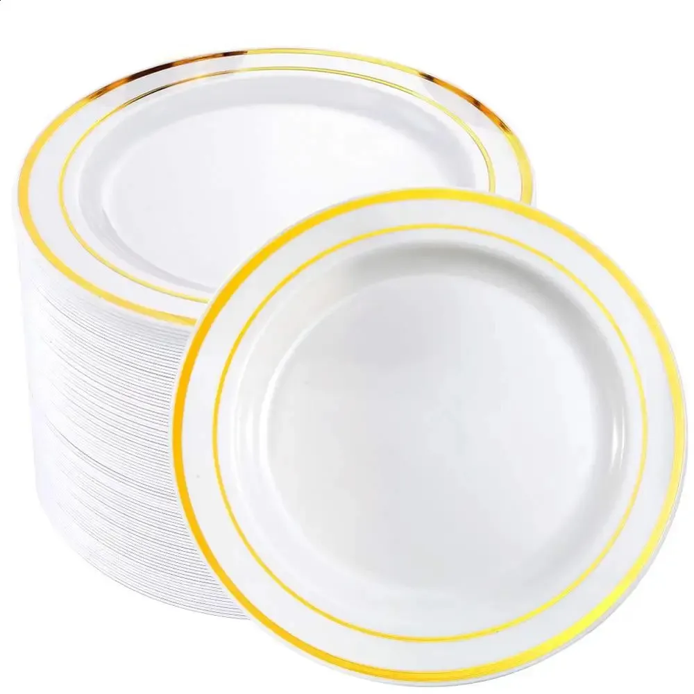 Gold Rim Plastic Plates: 7.5 Elegant Disposable Salad & Dessert Plates ...