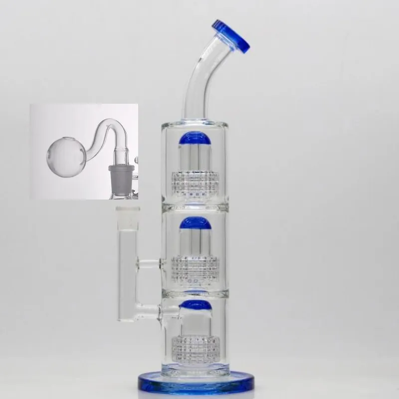 Blue Three Layer The Glass Water Bong With Eight Perc Trees, Bent Neck ...