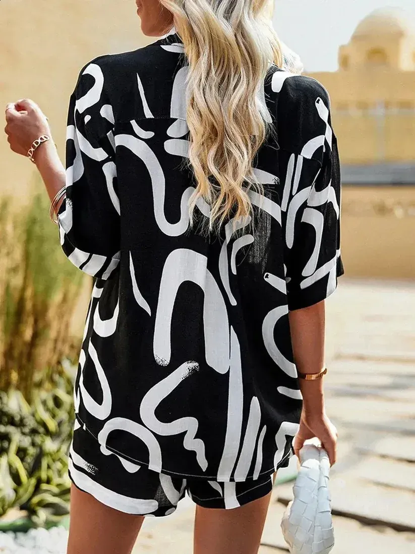 Women's Printed Button Down Shirt & Shorts Set - Casual Summer Outfit ...