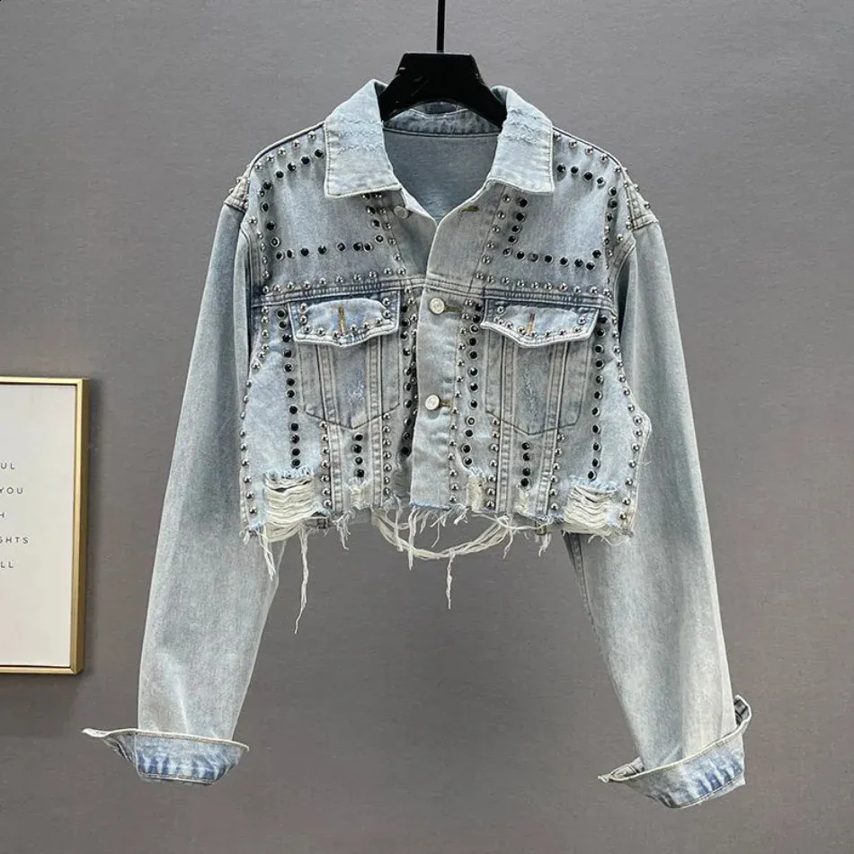 Women's Distressed Denim Jacket with Rivets and Studs - Spring/Summer ...