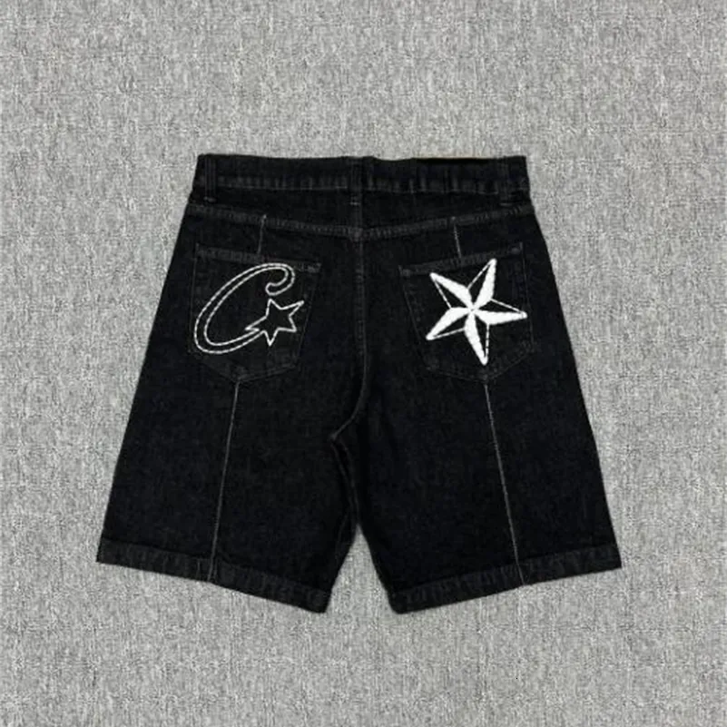 Mens Summer Retro Denim Black Shorts Mens With Star Embroidery, Hip Hop ...