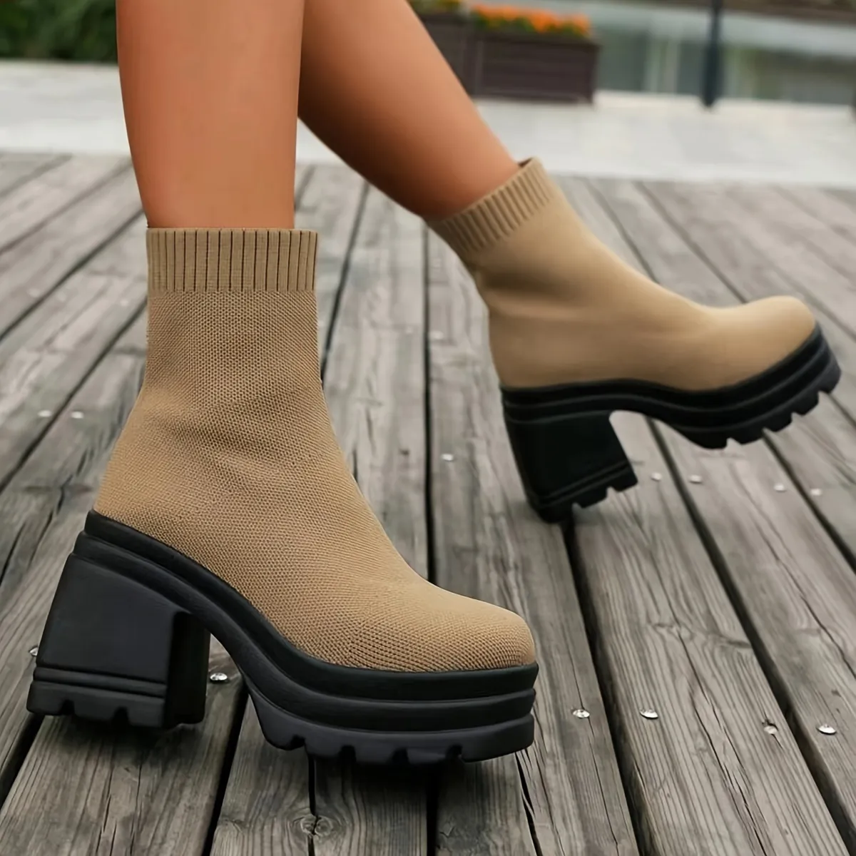 Slip-On Knit Chunky Heel Boots: Breathable, Platform Design, Soft ...