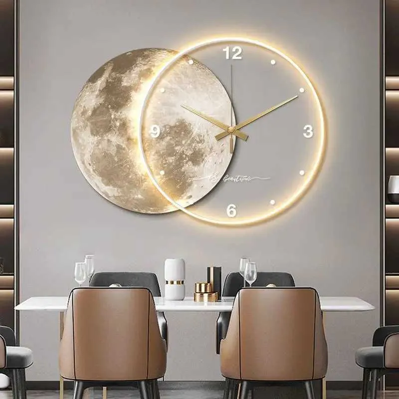 Wall Clock Large Restaurant Living Room Moon Earth Model LED Light ...