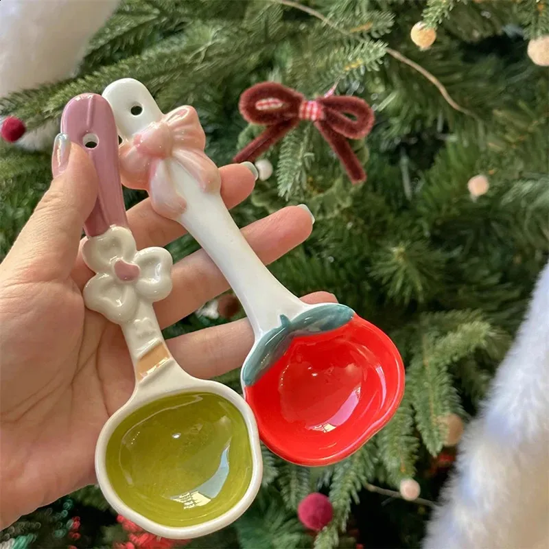 Kawaii Cherry Ceramic Soup Spoons Hand Painted Korean Dessert Spoons ...