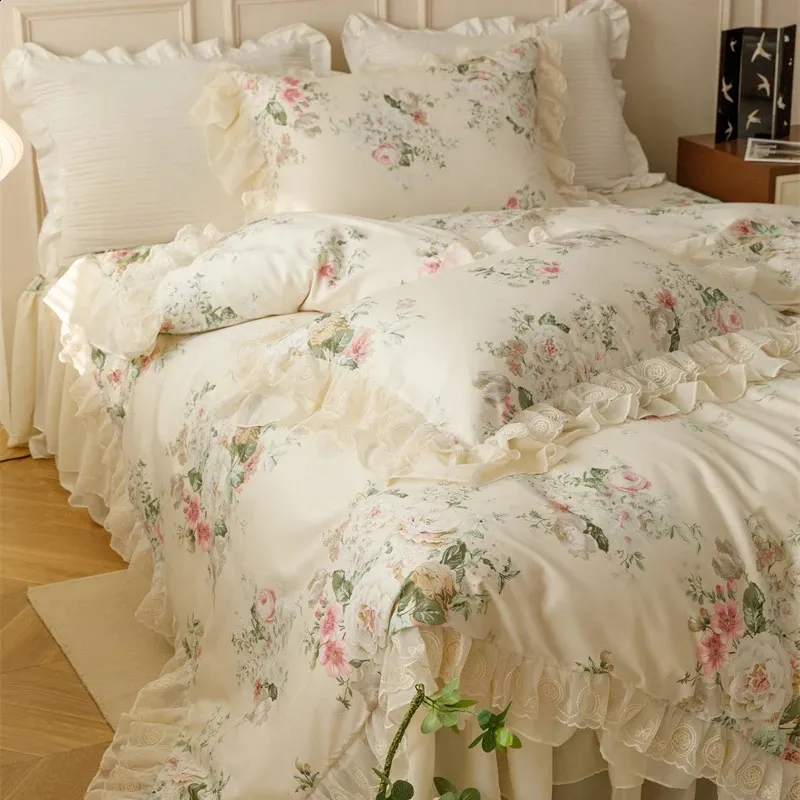 French Country Bedding Sets: Vintage Floral Print Double Layer Lace Ruffled Duvet Cover Set With ...
