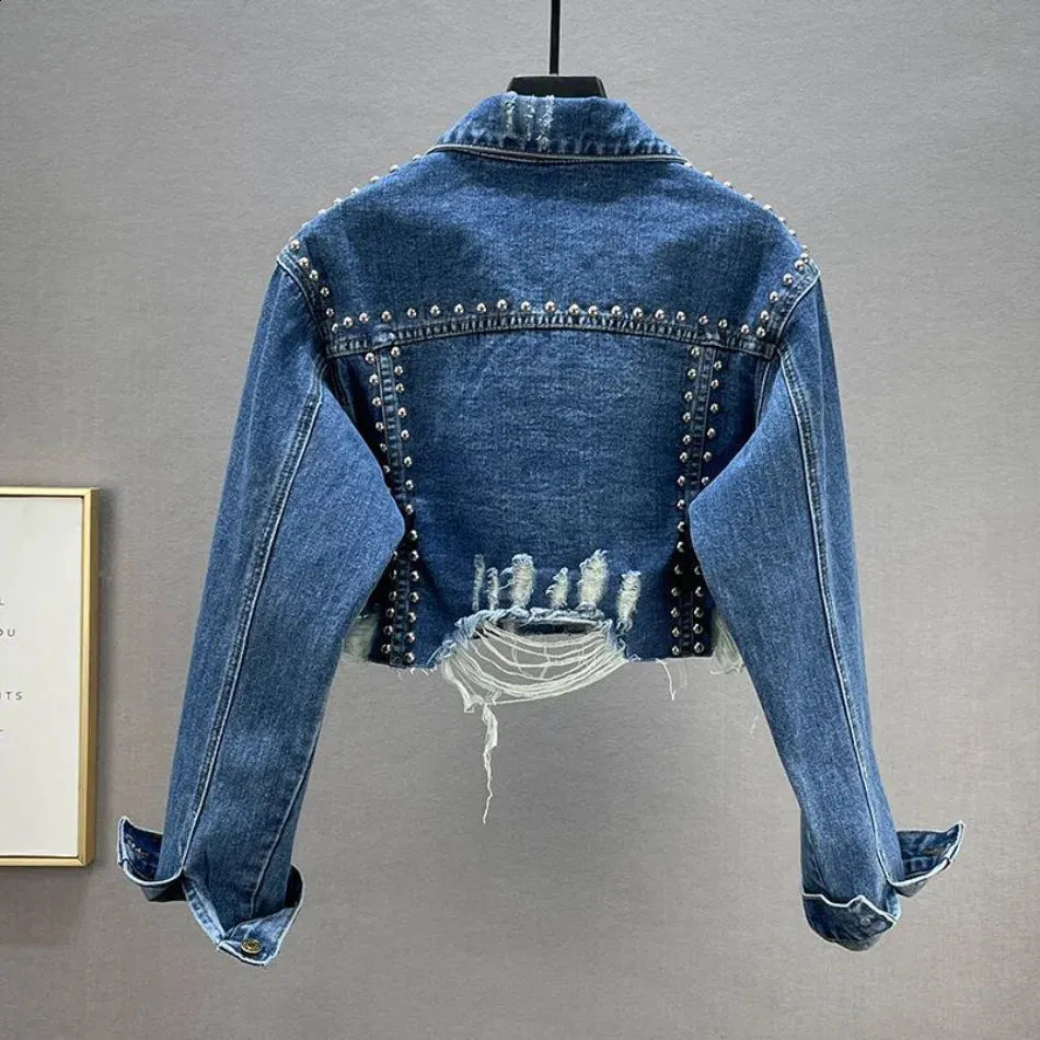 Women's Distressed Denim Jacket with Rivets and Studs - Spring/Summer ...
