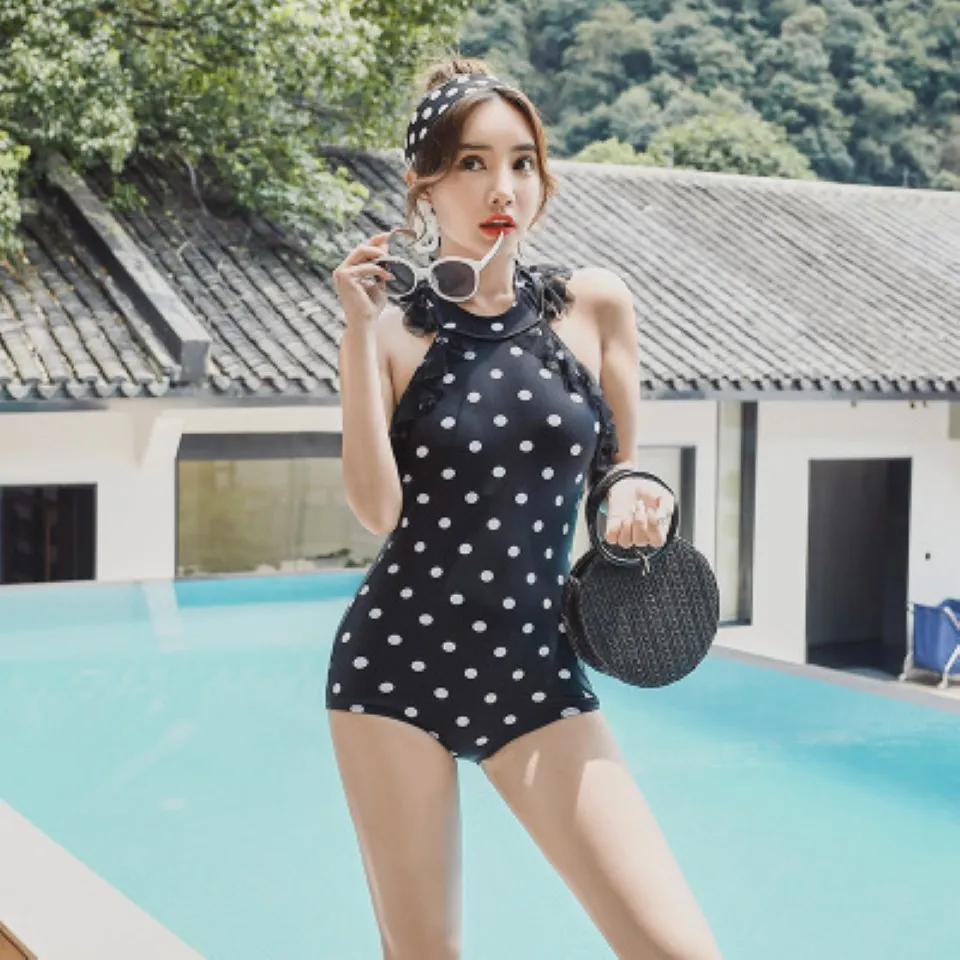 Sexy White Dot Printed One Piece Swimsuit With Chest Gather Cover And ...