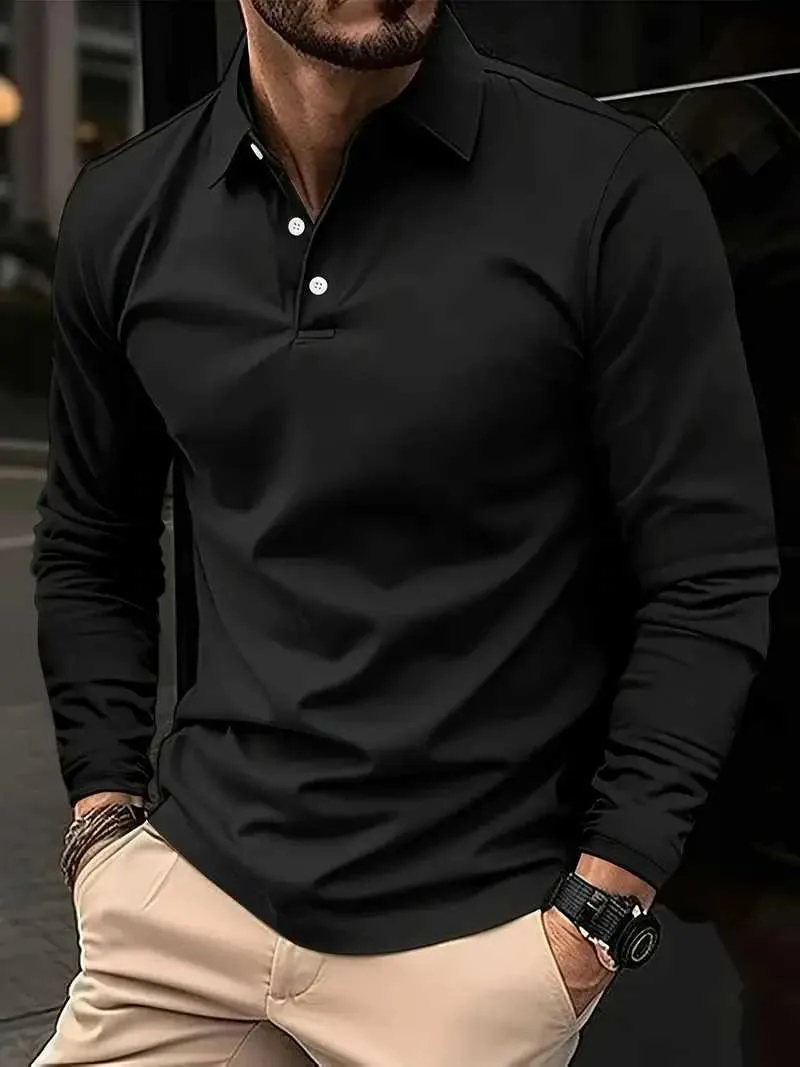 Men's Breathable Long Sleeve Polo Shirt - Turn-Down Collar, Solid Color ...