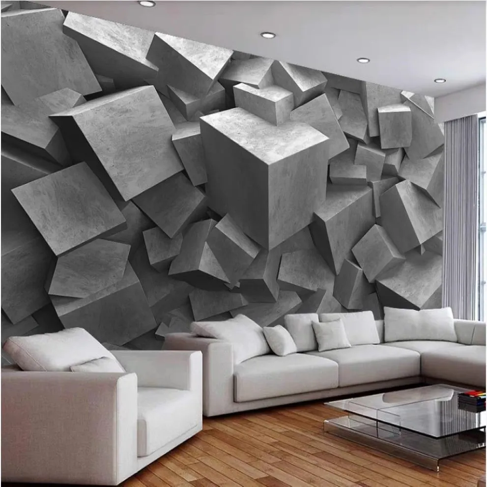 Stereo Grey Brick 3D Mural Grey Aesthetic Wallpaper For Living Room 3 ...