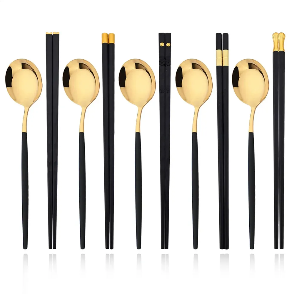 Stainless Steel Long Handle Food Spoon Set 10 Black And Gold Smooth ...