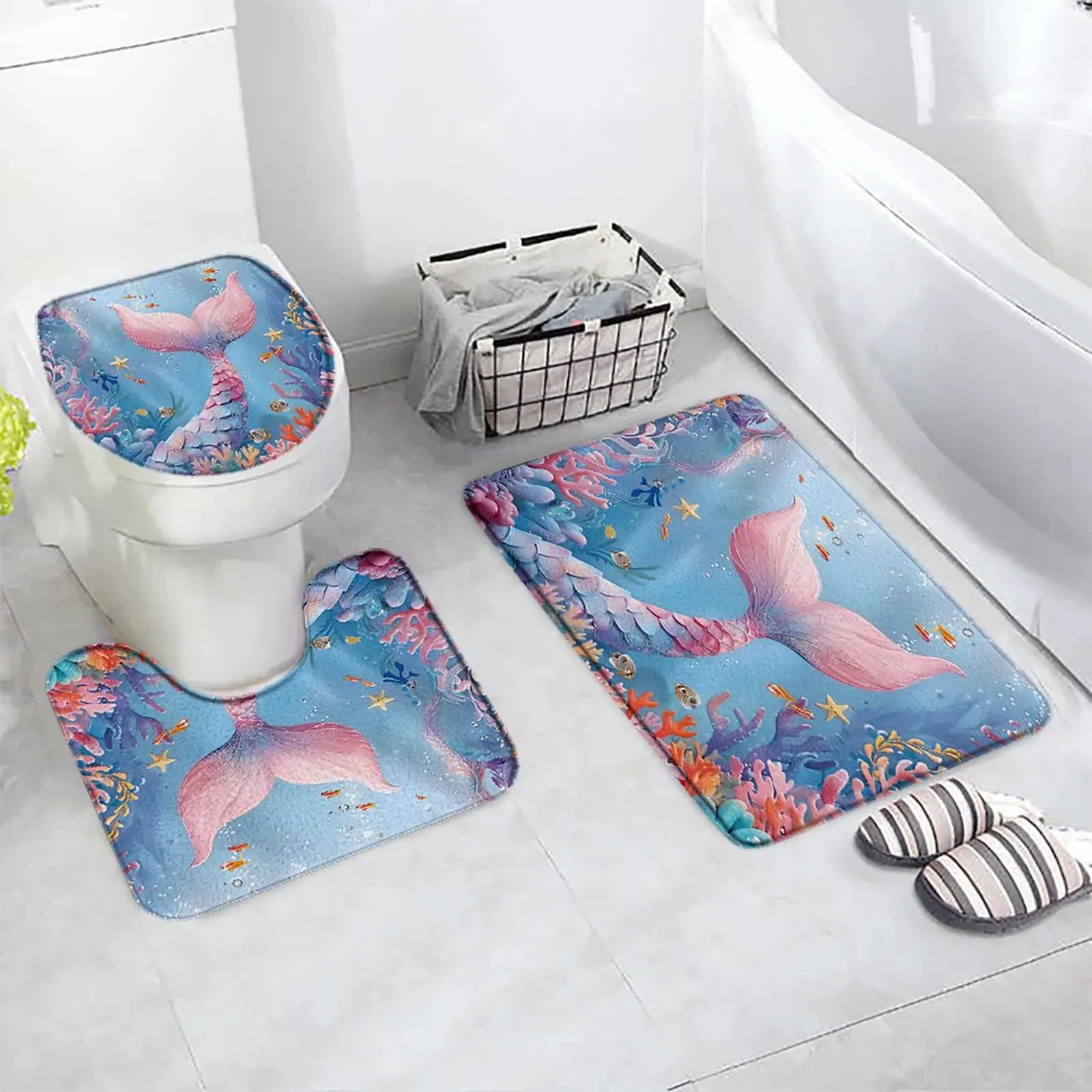 Cartoon Mermaid Tail Bath Mat Set Ocean Fish Coral Sea Star Home Carpet ...
