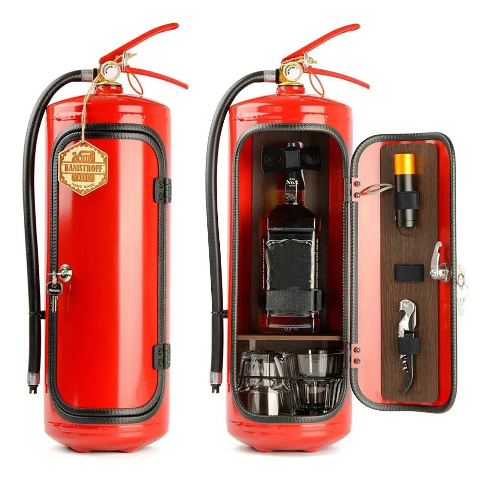 Fire Extinguisher Bar Decor with 3 Modern Bar Stools: Unique Home Party ...