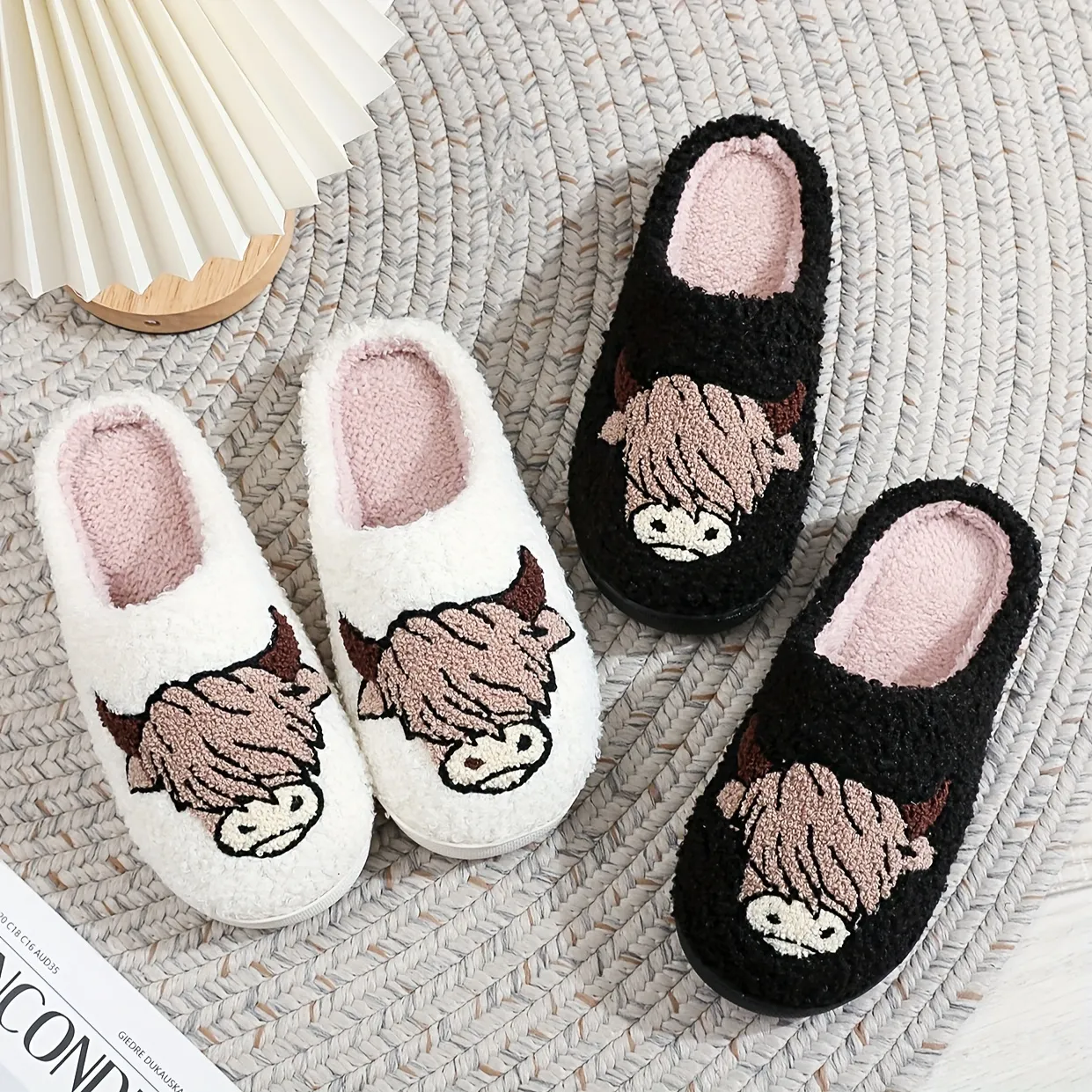 Cute Cartoon Cow Pattern Plush Lined Slip On Men's Bearpaw Slippers ...