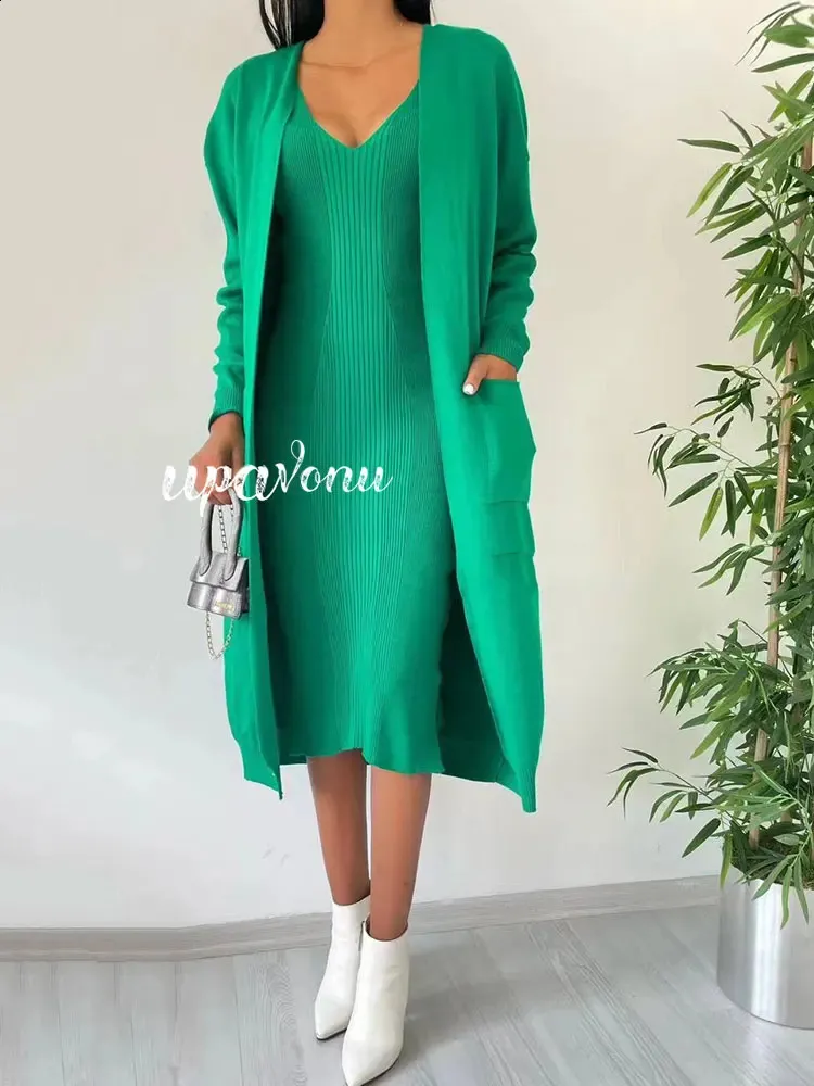 Elegant Women's Knit Two Piece Dress Set: Fall Long Sleeve Cardigan ...