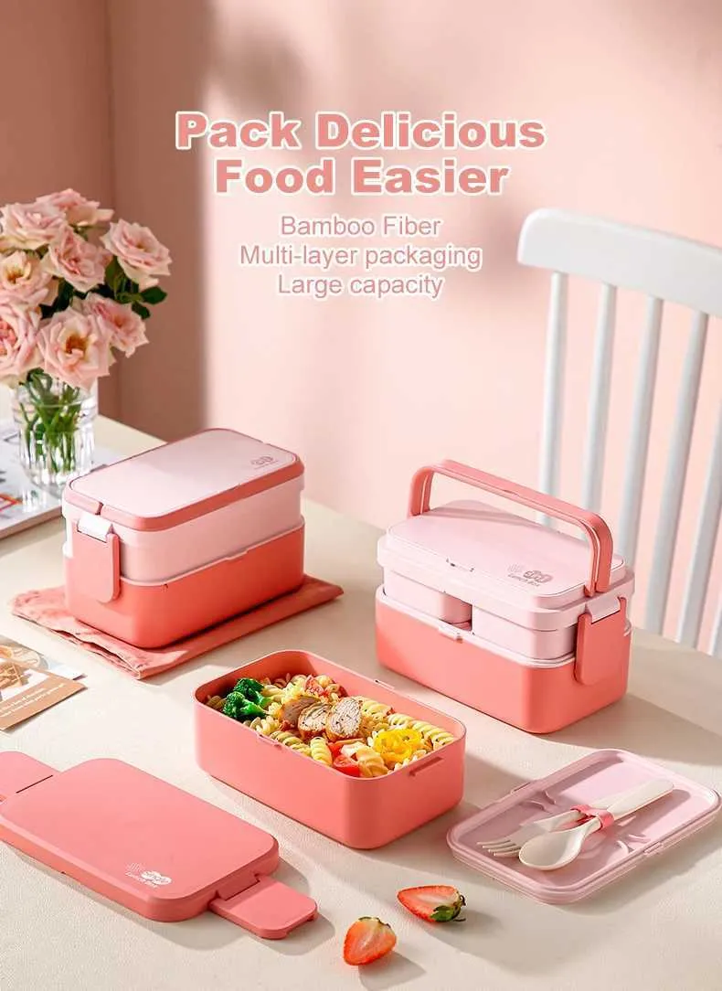 Premium Double Layer Bento Box: Portable Lunch Container with Utensils ...