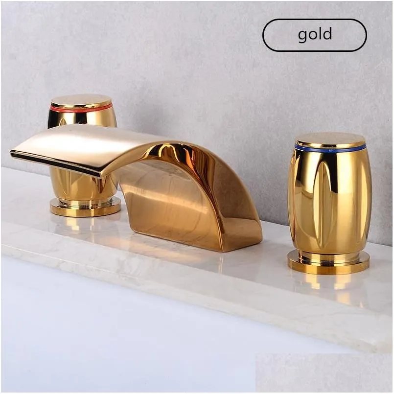 Gold Waterfall Basin Faucet - Polished 3-Hole Widespread Design ...