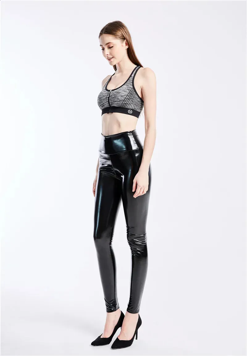 High Waisted PU Leather Pants for Women - Black, Shiny Pull-Up, Elastic ...