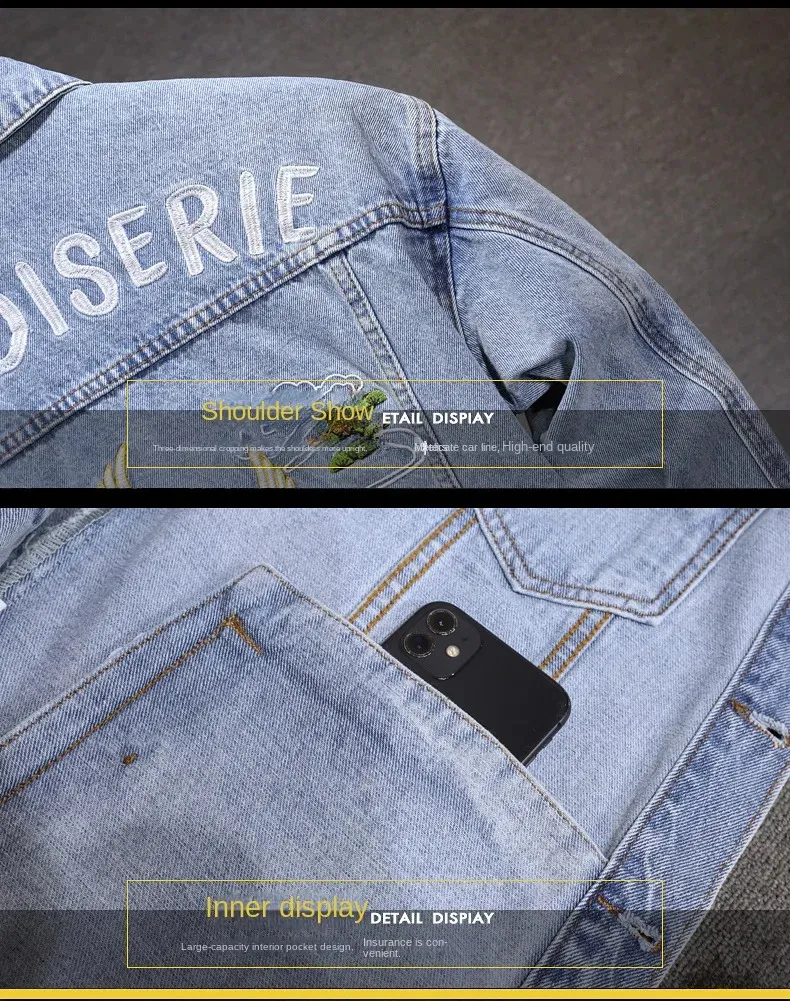 Retro Denim Jacket Mens: Embroidered Mandarin Collar Style - Premium ...