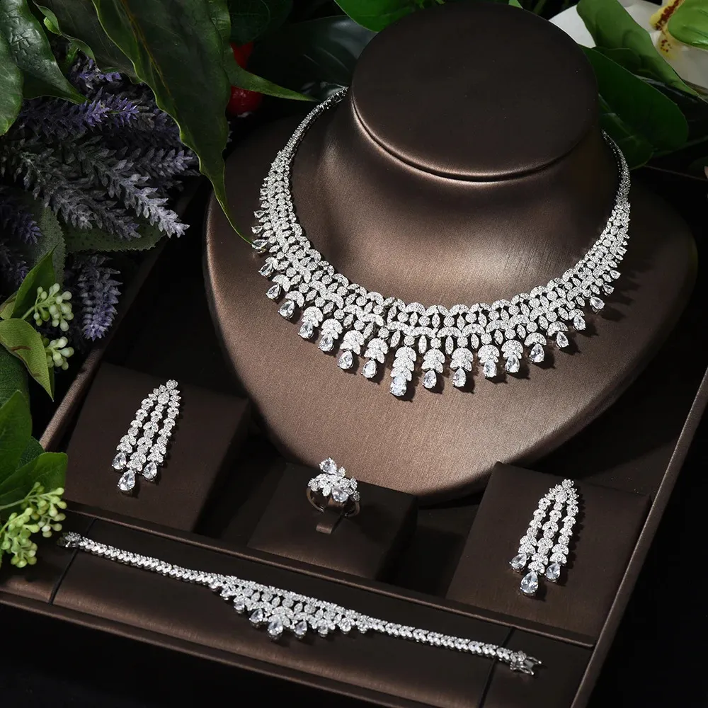 HIBRIDE Water Drop Sterling Silver Cubic Zirconia Wedding Jewelry Set ...