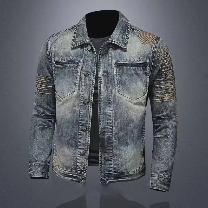 Vintage Distressed Motorcycle Denim Jacket For Men Korean Style Slim ...