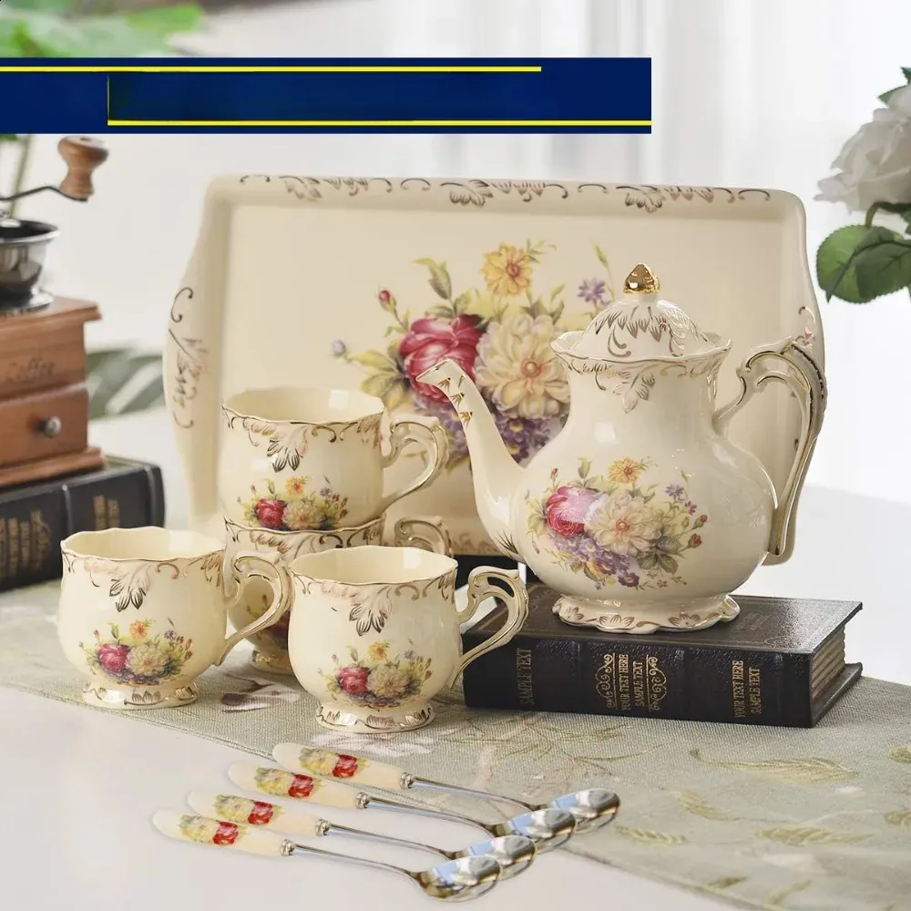 Vintage Rose Porcelain Tea Set for 4 - Teapot, Cups, Tray, Teaspoons ...