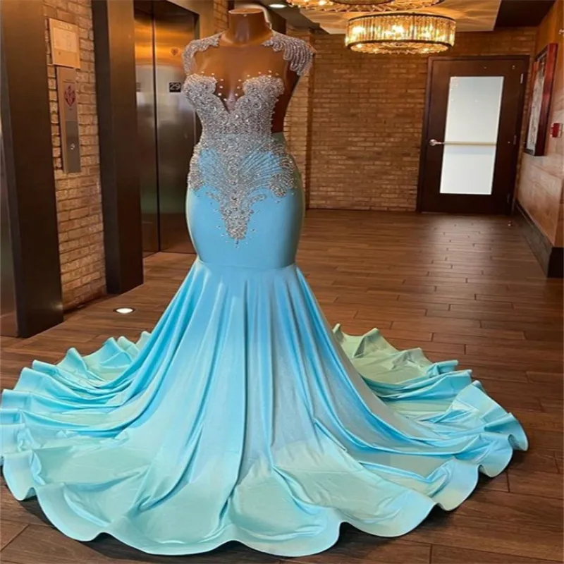 Chic African Ice Blue Evening Gown With Diamond Light Blue Open Back ...