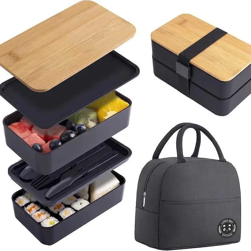 Premium Wooden Bento Box with Dividers - Portable Japanese Style Lunch ...
