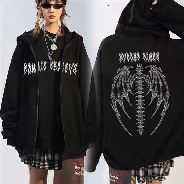 Dark Gothic Style Unisex Hoodie With Skull Wing Print Zipper, Trendy ...