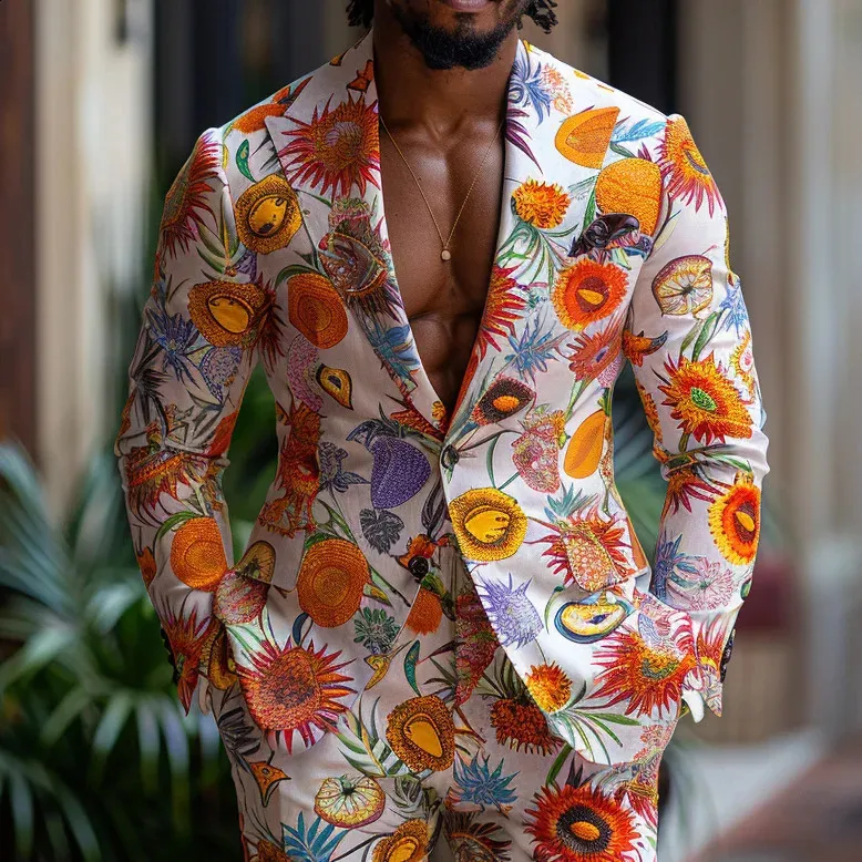 Men's Jacket Suit 3D Digital Printed Flower Set for Wedding Prom Party ...