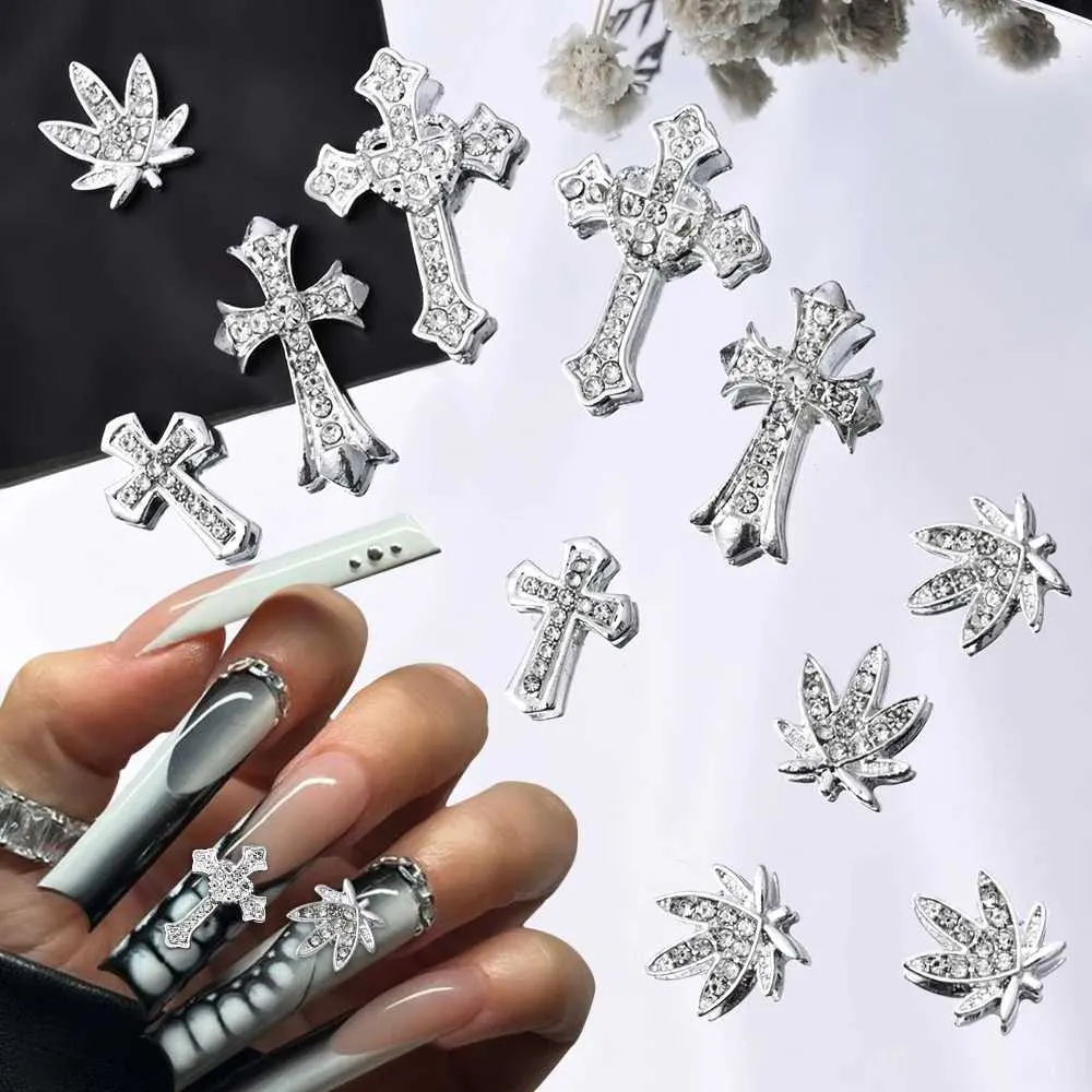 10 Silver Rhinestone Cross Nail Charms: Luxury 3D Nail Art Jewelry for ...