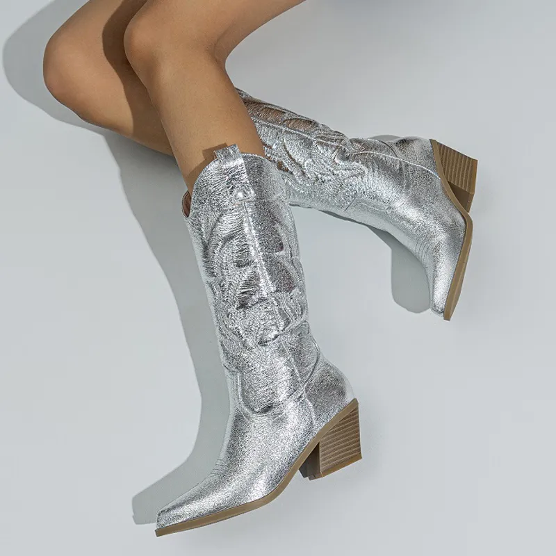 Women's Handmade Embroidered Knee-High Boots - Western Cowboy Booties ...