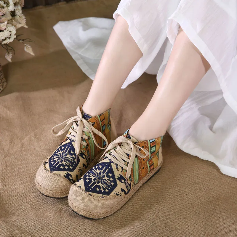 Boho Linen Canvas High Top Flats: Women's Woven Lace Up Shoes, Shop Now ...
