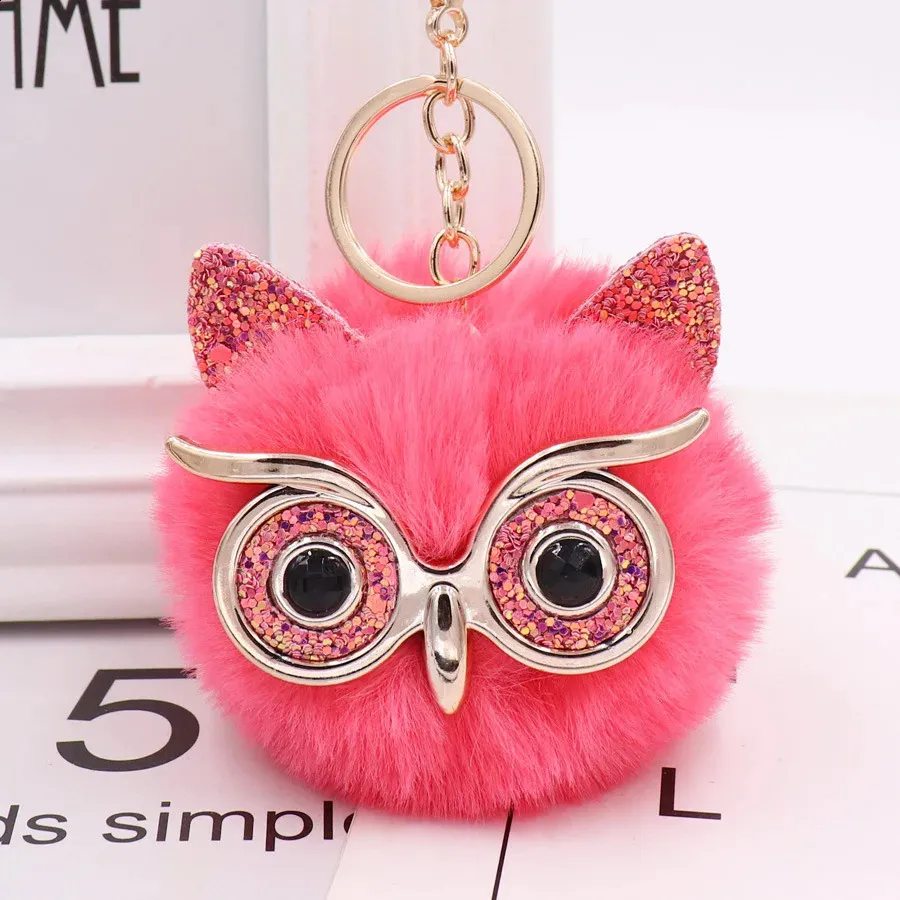Owl Plush Keychain Cute Fluffy Big Eyes Glitter Charm Bag Pendant Car ...