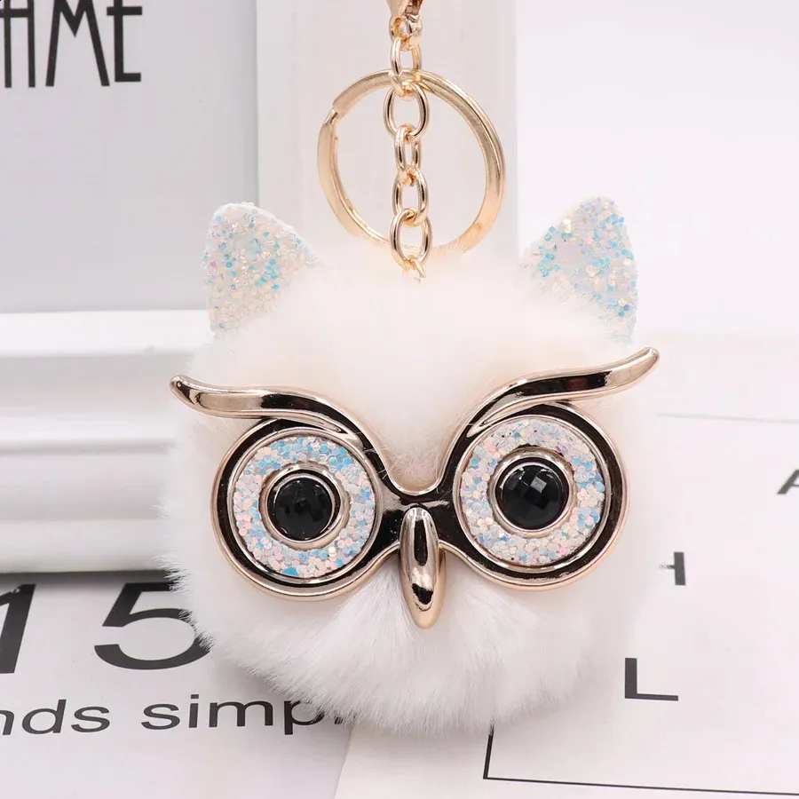 Owl Plush Keychain Cute Fluffy Big Eyes Glitter Charm Bag Pendant Car ...